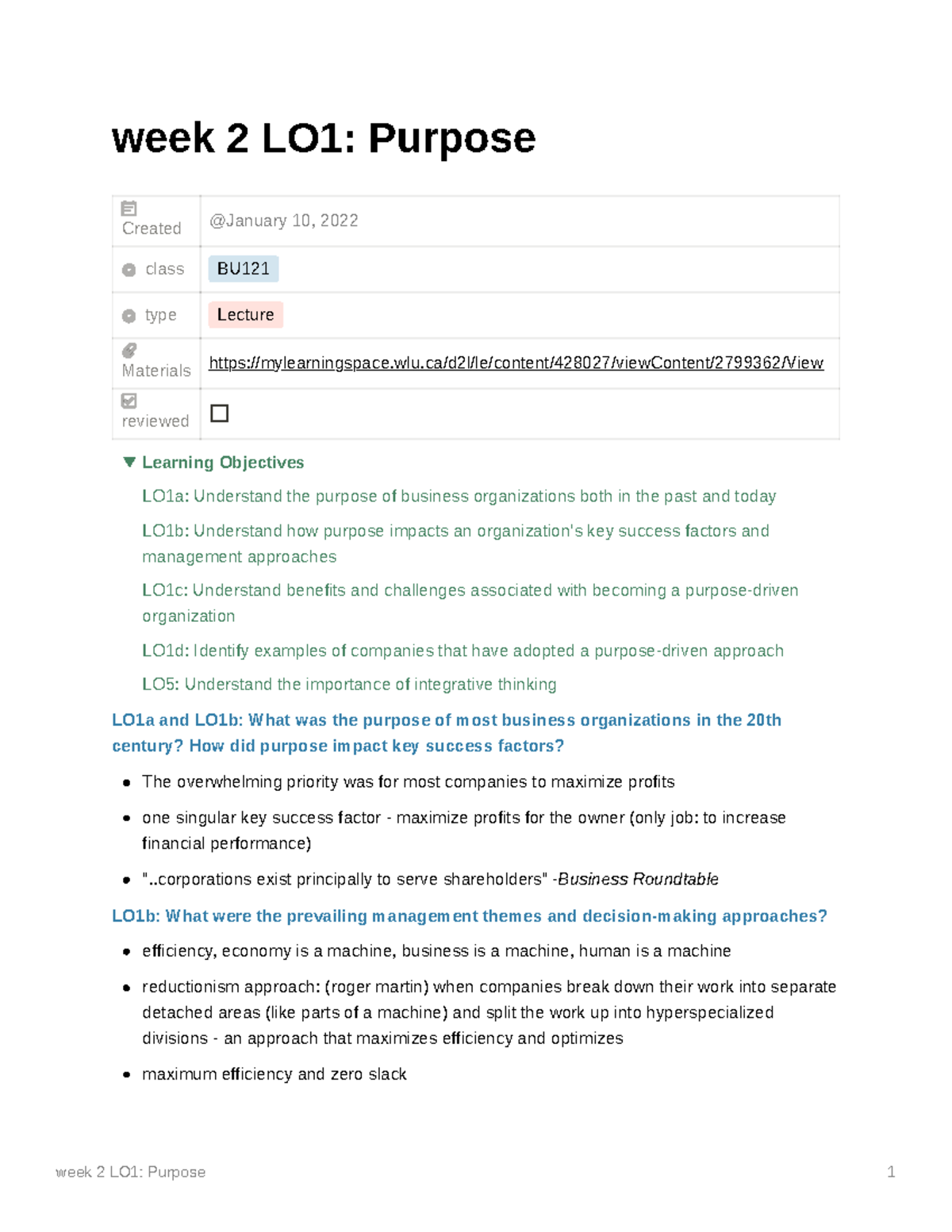 Week 2 LO1 Purpose, lecture notes about purpose - week 2 LO1: Purpose 1 ...
