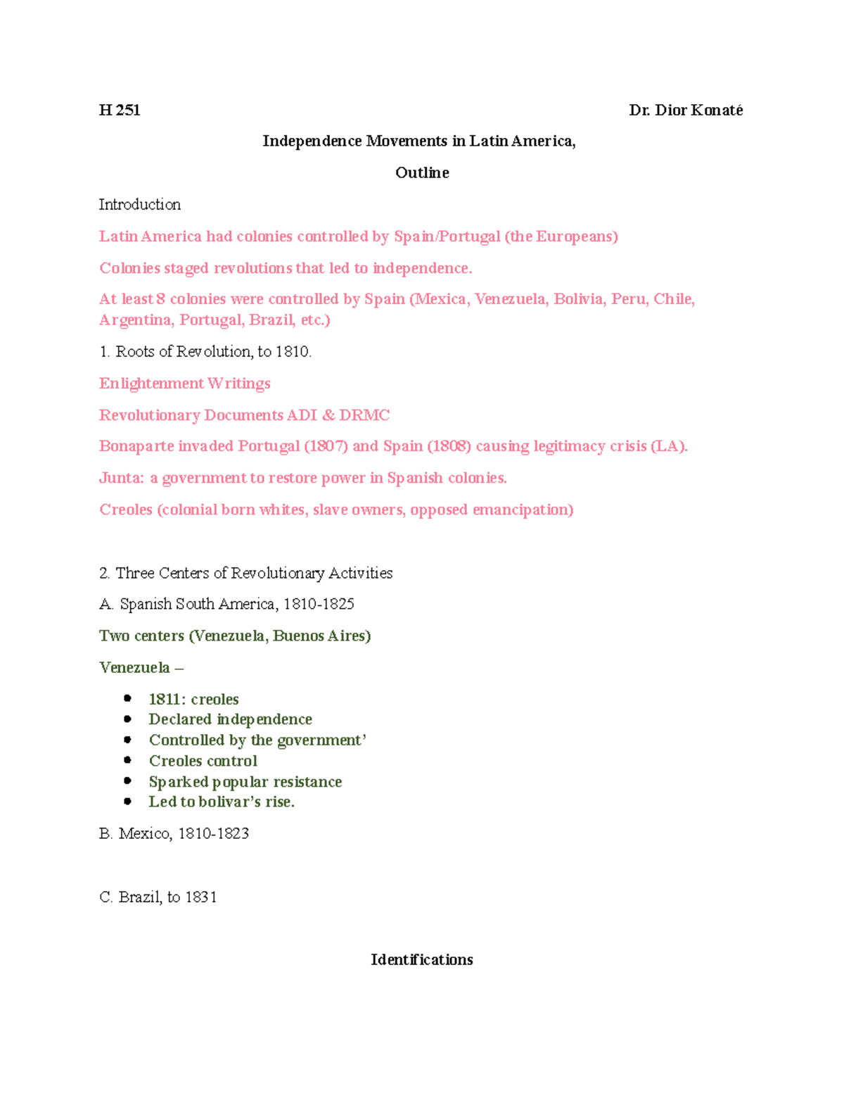 H 251-Lecture Outline-Independence Movement in Latin America - H 251 Dr ...