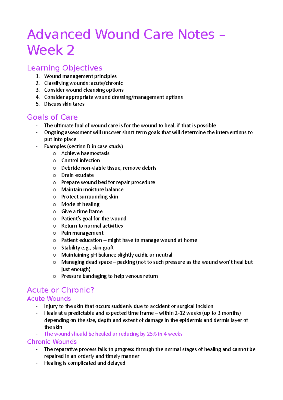 Advanced Wound Care Notes – Week 2 - , skin graft o Maintaining pH ...