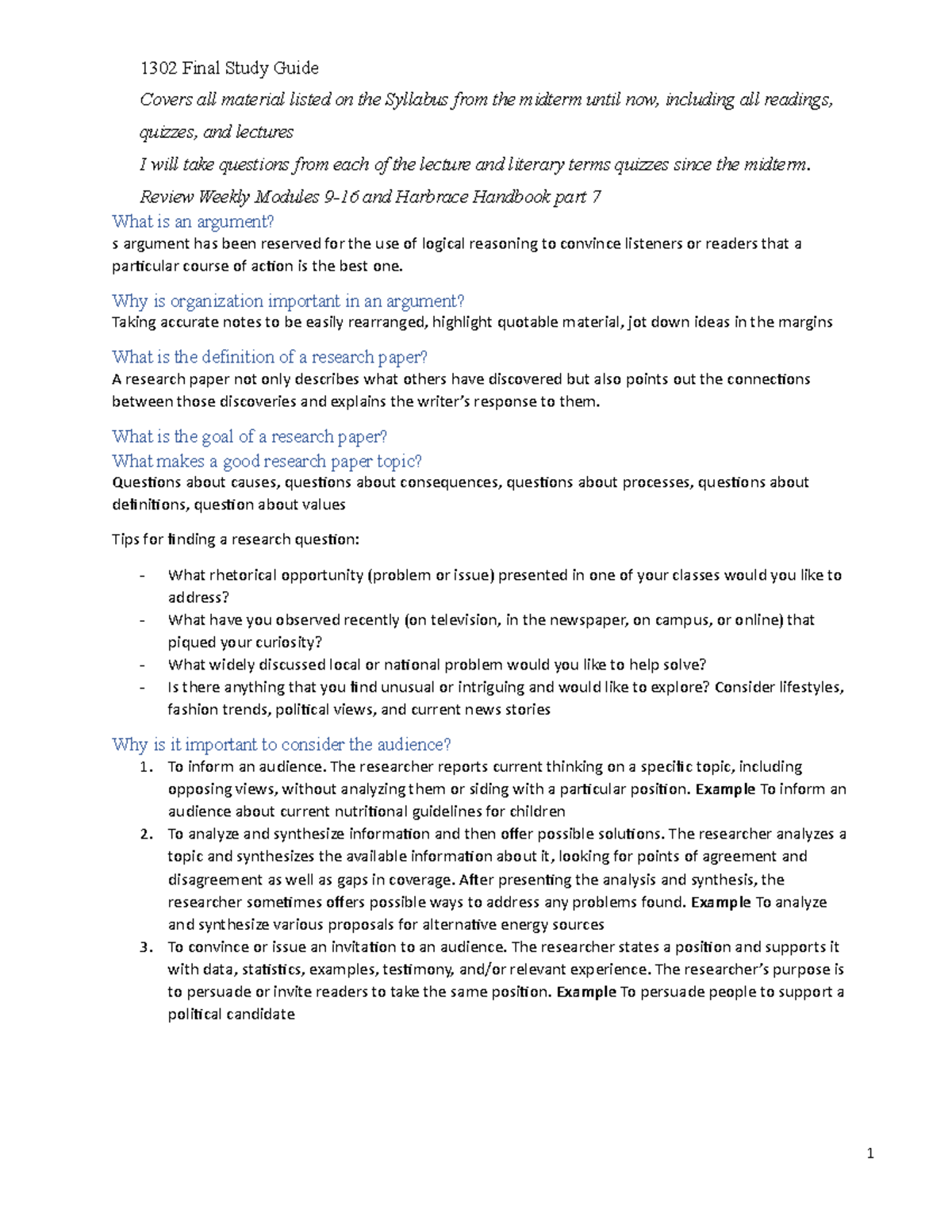 1302 Final Study Guide - 1302 Final Study Guide Covers all material listed on the Syllabus from ...