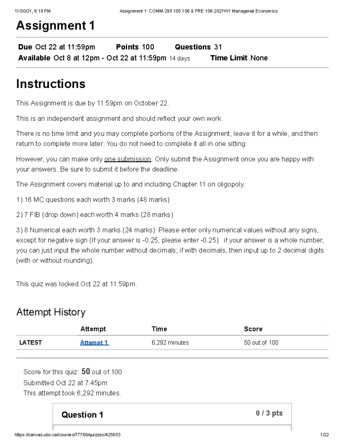 Assignment 1 COMM 295 105 106 FRE 106 2021W1 Managerial Economics - Assignment 1 Due Oct 22 at ...