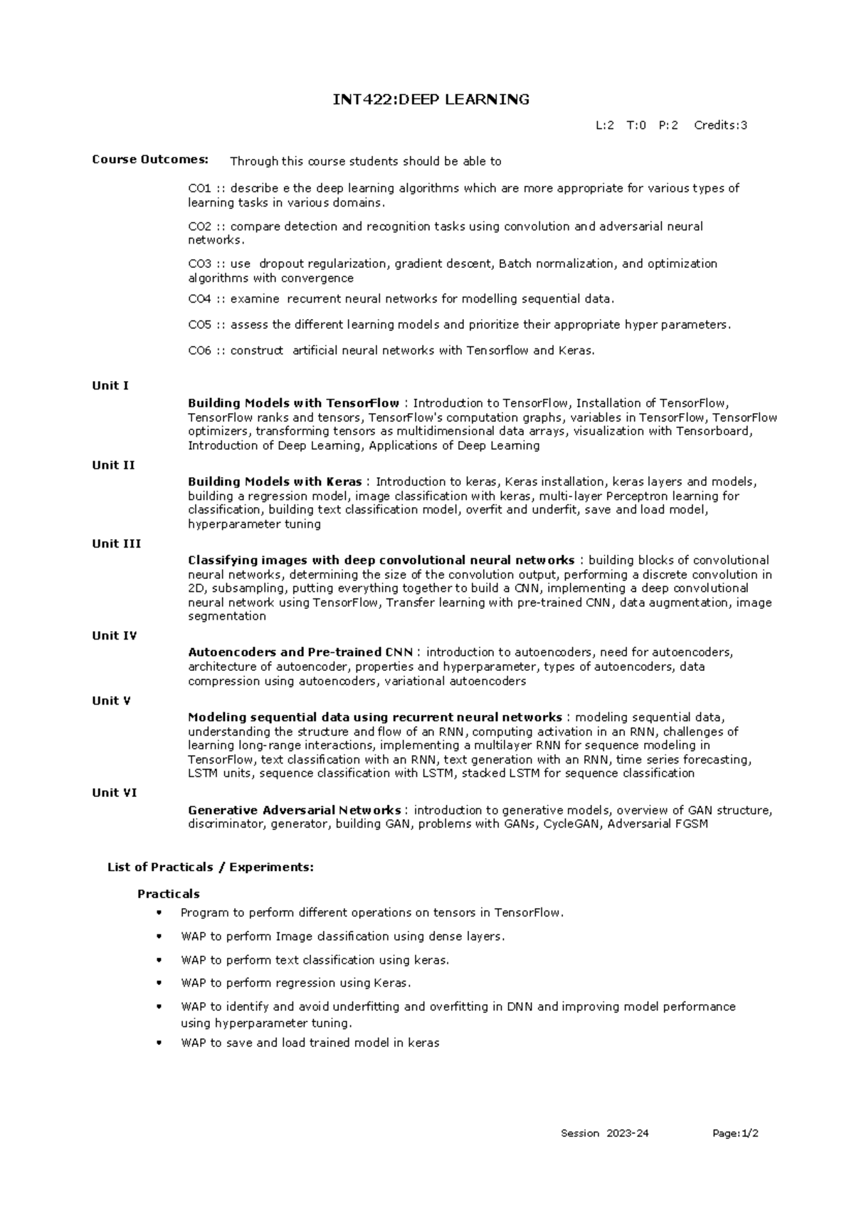 Frm Course Syllabus IPDownload - INT422:DEEP LEARNING Course Outcomes ...