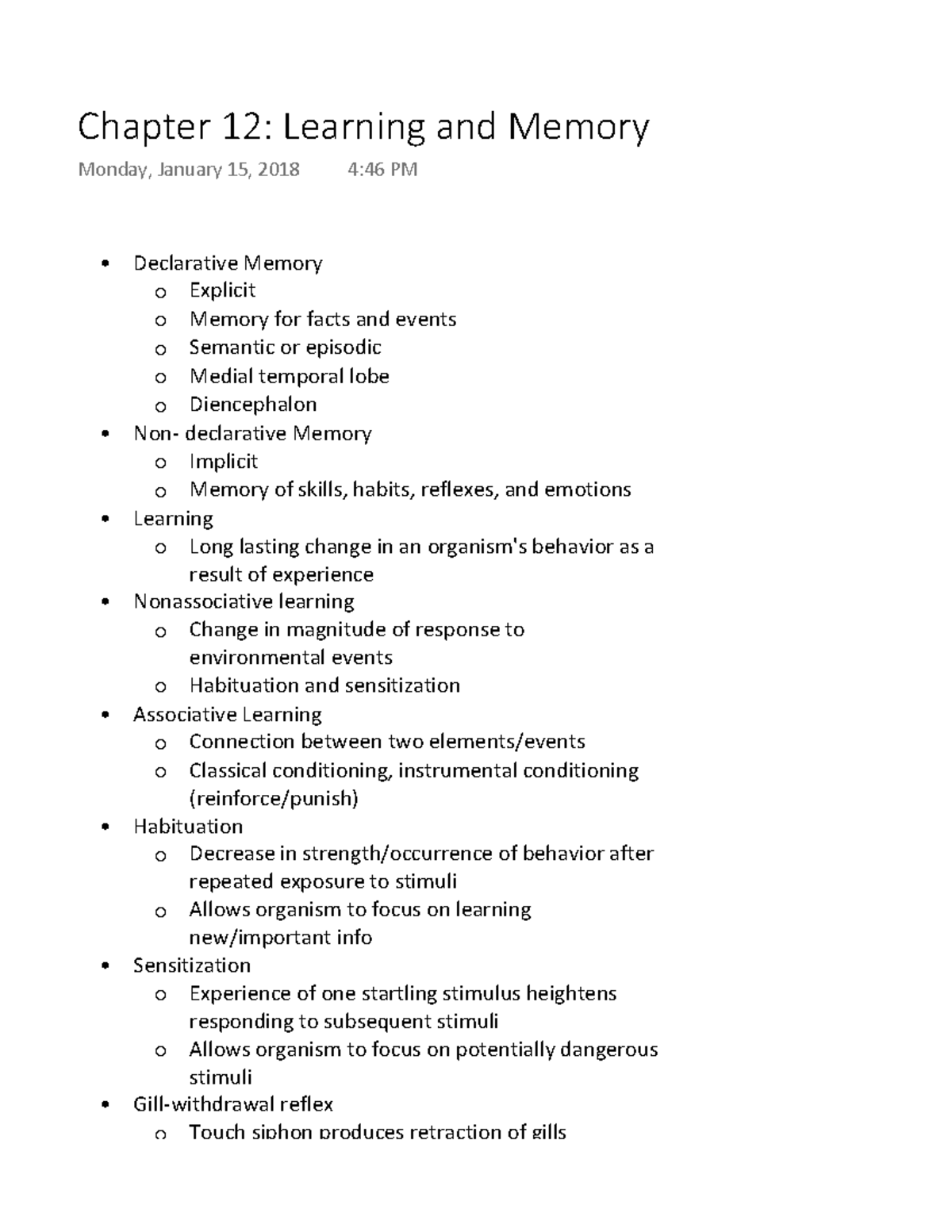 Chapter 12 Learning and Memory - Declarative Memory Explicit Memory for facts and events - Studocu