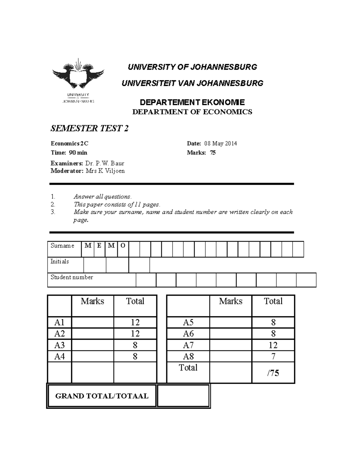 2C Test 2 2014 memo - Notes - SEMESTER TEST 2 Economics 2C Date: 08 May ...