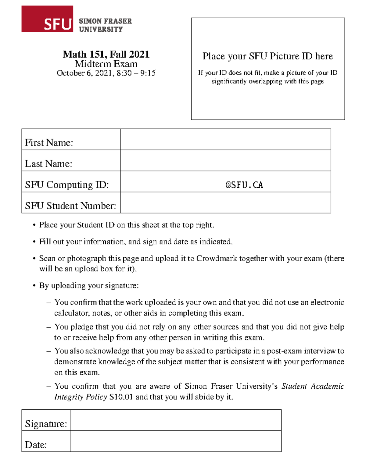 151mid1-21fall - midterm - Math 151, Fall 2021 Midterm Exam October 6, 2021, 8:30 – 9: Place ...