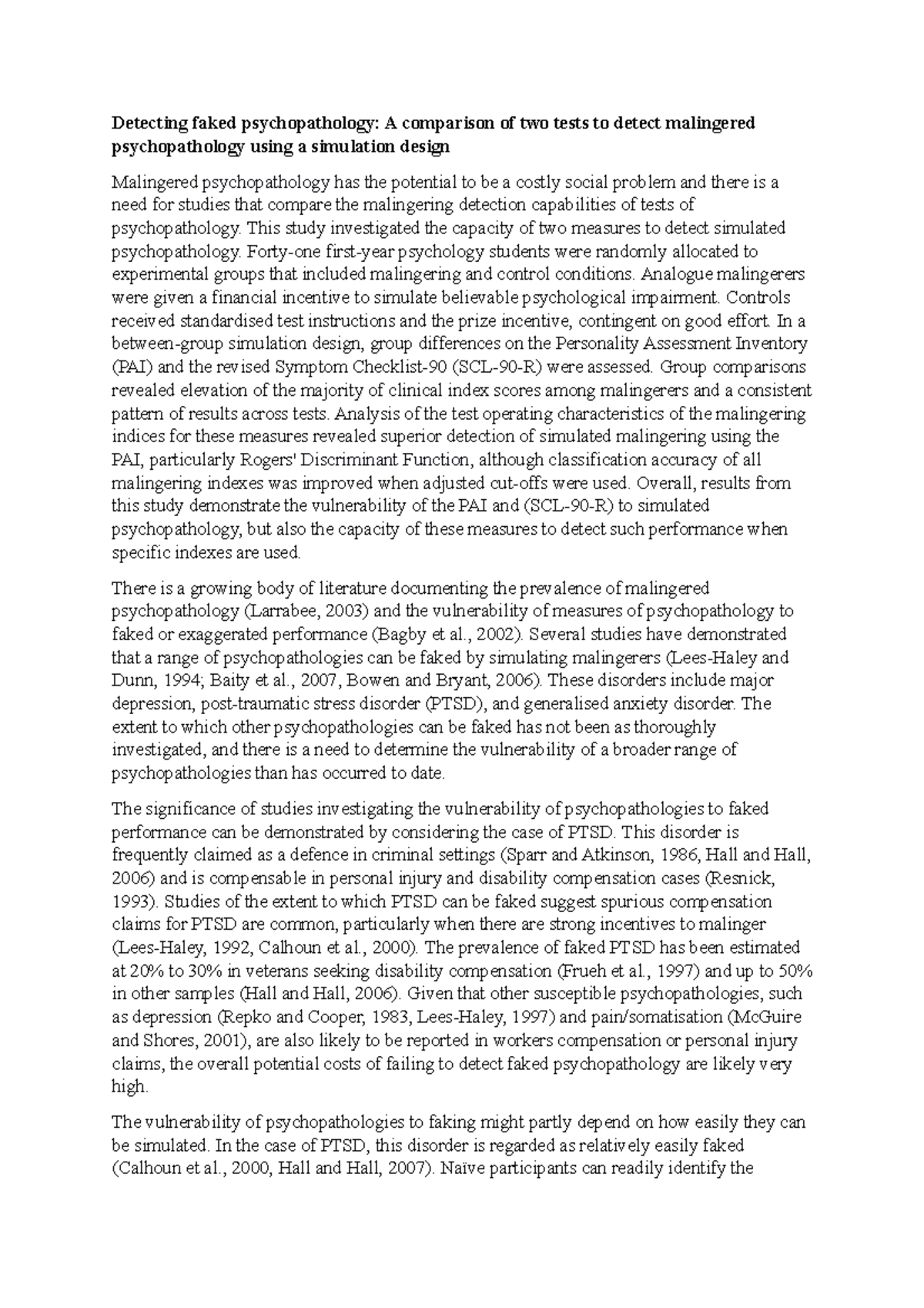 Detecting faked psychopatholog, A comparison of two tests to detect ...