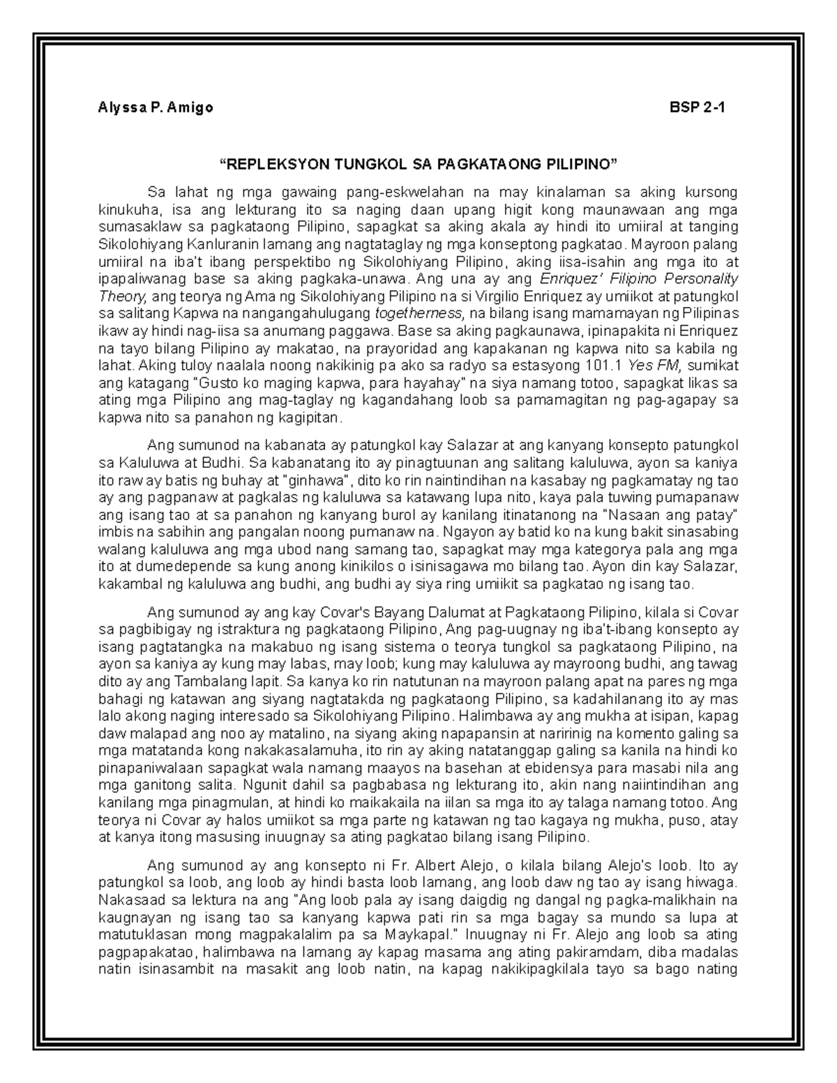 Amigo Repleksyon - Reflection - Alyssa P. Amigo BSP 2- 1 “REPLEKSYON ...