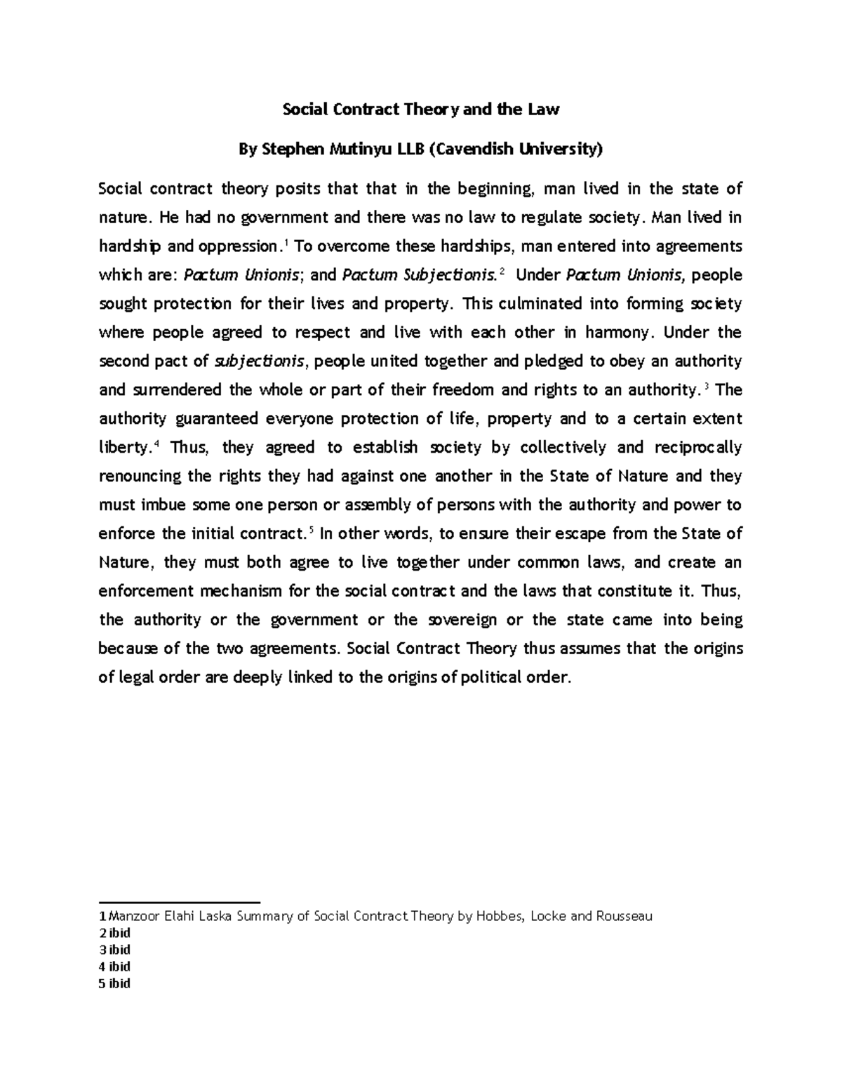 Social Contract Theory and the Law by Stephen Mutinyu - He had no ...