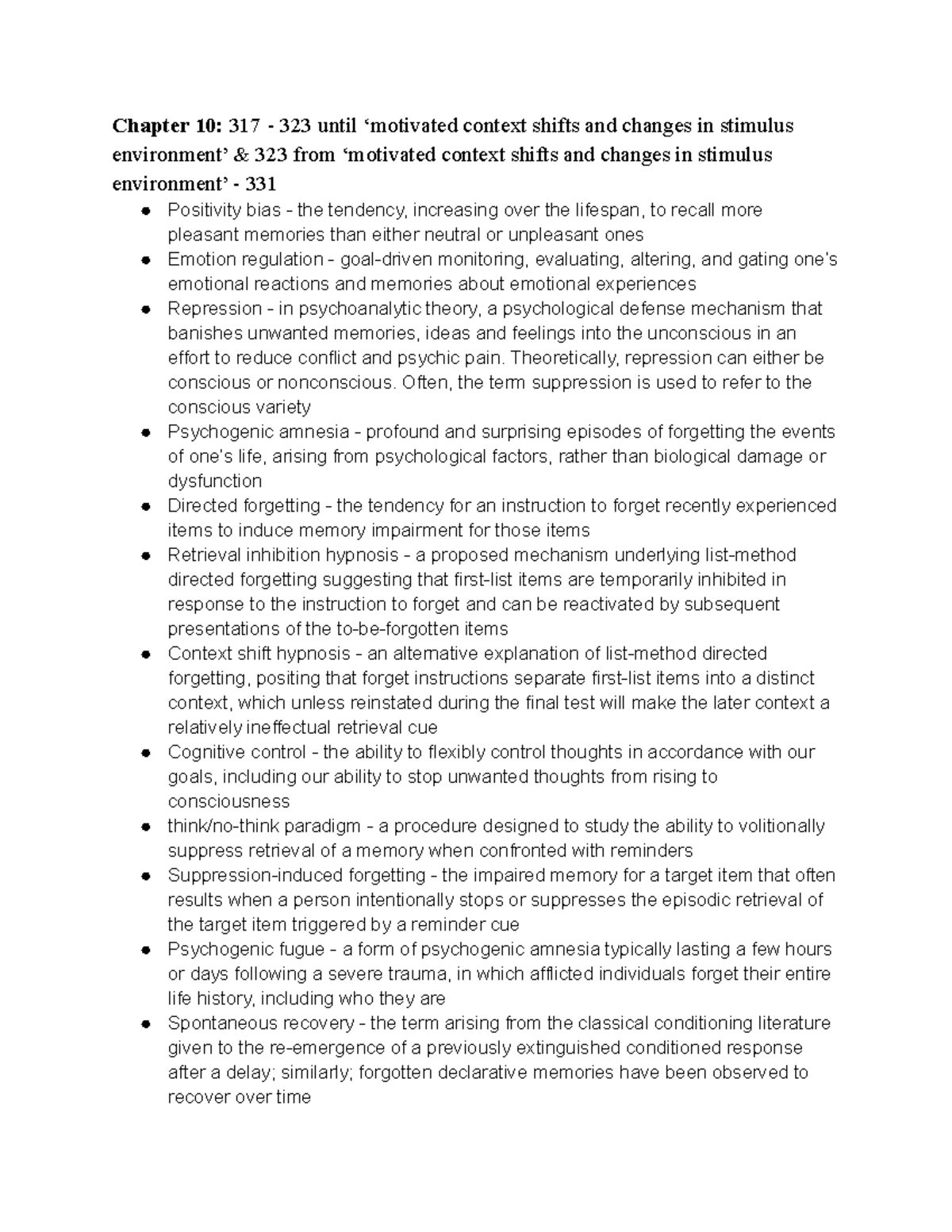 Chapter 10 - Memory - Chapter 10: 317 - 323 until ‘motivated context shifts and changes in ...