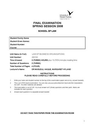 Sample Exam Question - Final exam revision - 1 Answer all parts of all ...