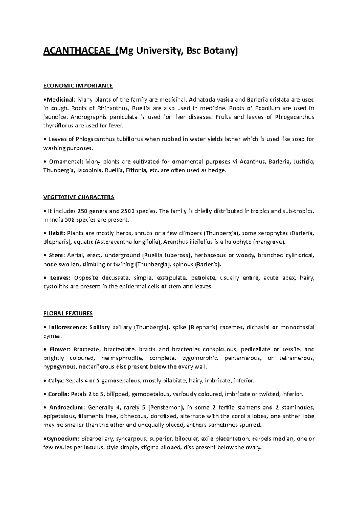 Acanthaceae - ACANTHACEAE (Mg University, Bsc Botany) ECONOMIC ...