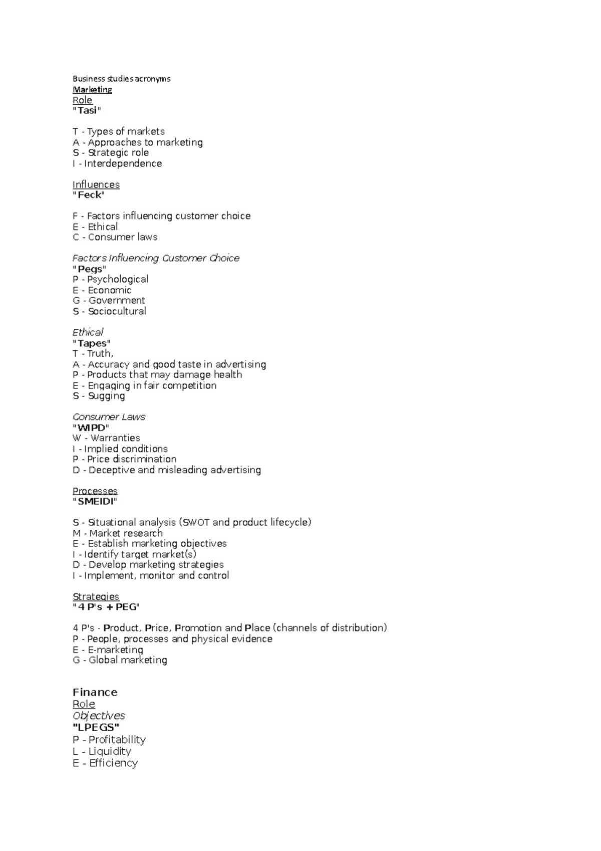 Business studies acronyms - Business studies acronyms Marketing Role ...