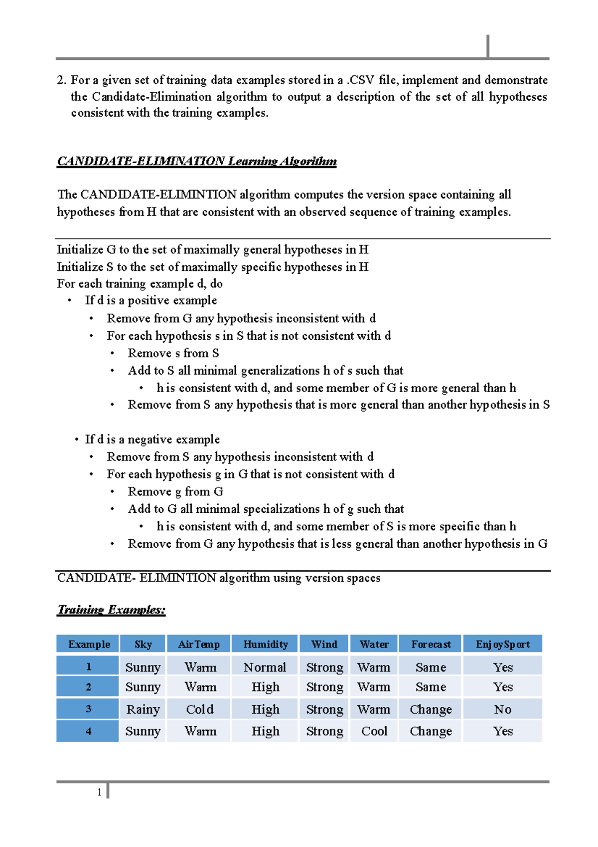 Lab Program 2 A Program Of Lab 1 2 For A Given Set Of Training Data Examples Stored In A