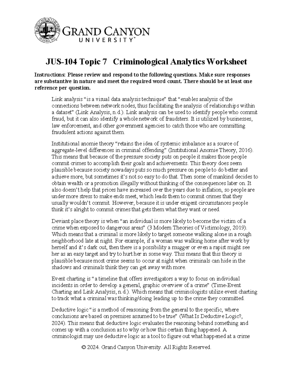 JUS-104 Topic 7 Criminological Analytics Worksheet - JUS-104 Topic 7 ...