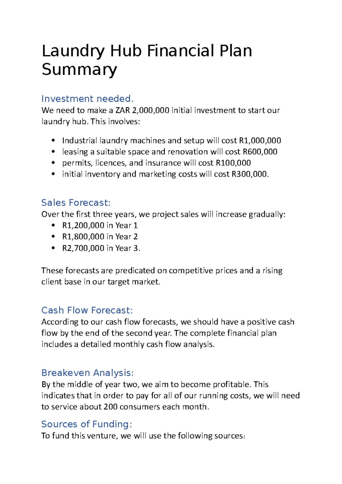 Number 9 (business assignment) - Laundry Hub Financial Plan Summary ...