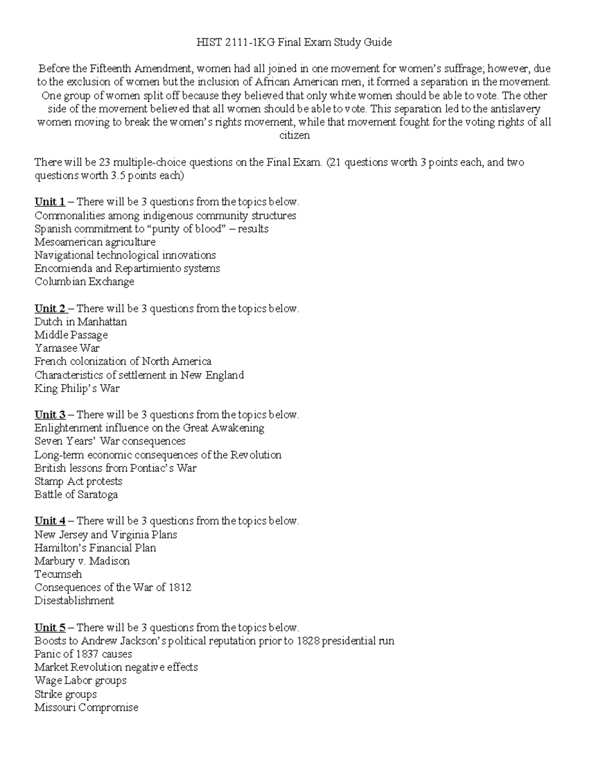 Final Exam Study Guide HIST 2111-1KG - HIST 2111-1KG Final Exam Study ...