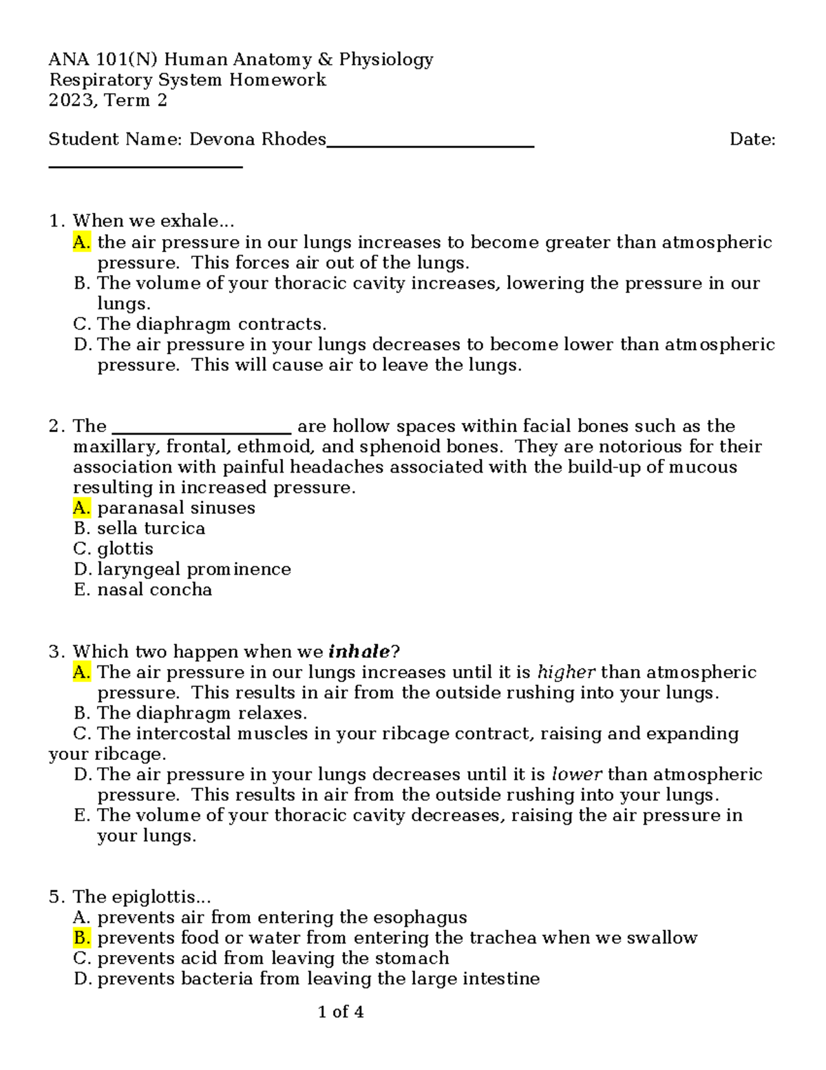 ANA101 Respiratory System Homework (Webb) 23T2 - Respiratory System ...