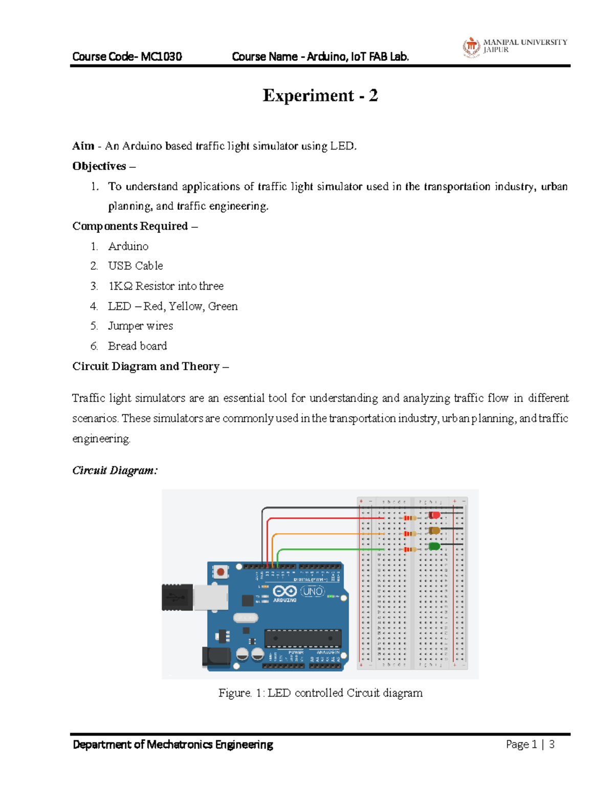 C Experiment 2 - Course Code - MC 1030 Course Name - Arduino, IoT FAB Lab. Department of - Studocu