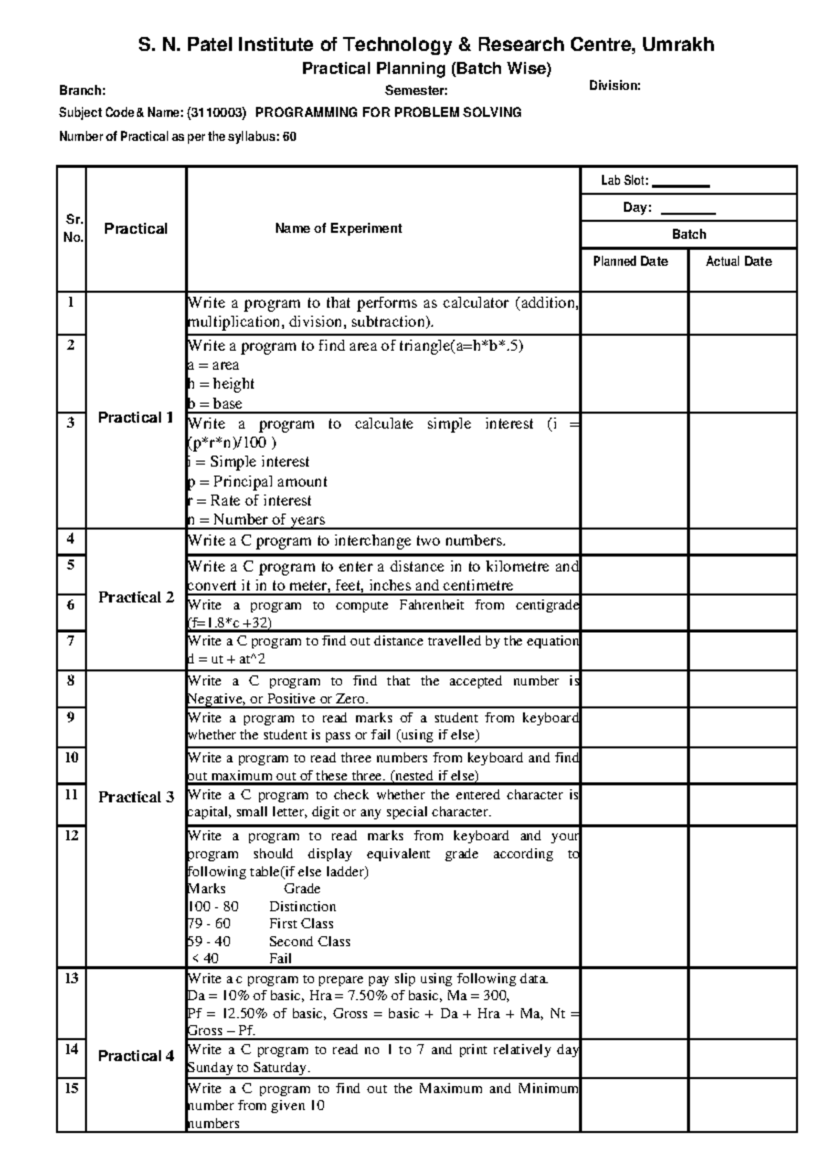 PPS lab planning Practicalwise - S. N. Patel Institute of Technology ...