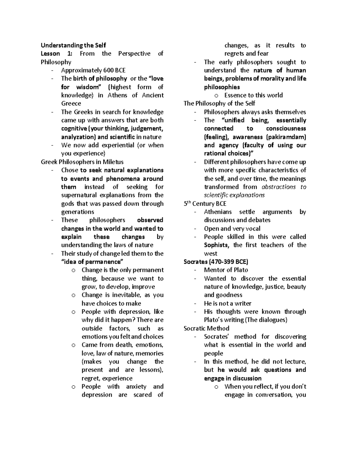 Understanding the Self - Class Notes - Understanding the Self Lesson 1 ...