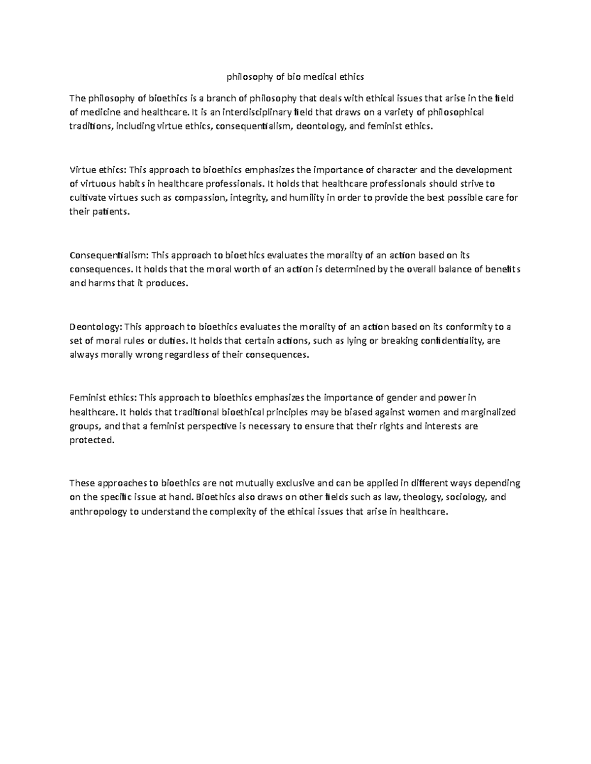 Philosophy of bio medical ethics - It is an interdisciplinary field ...