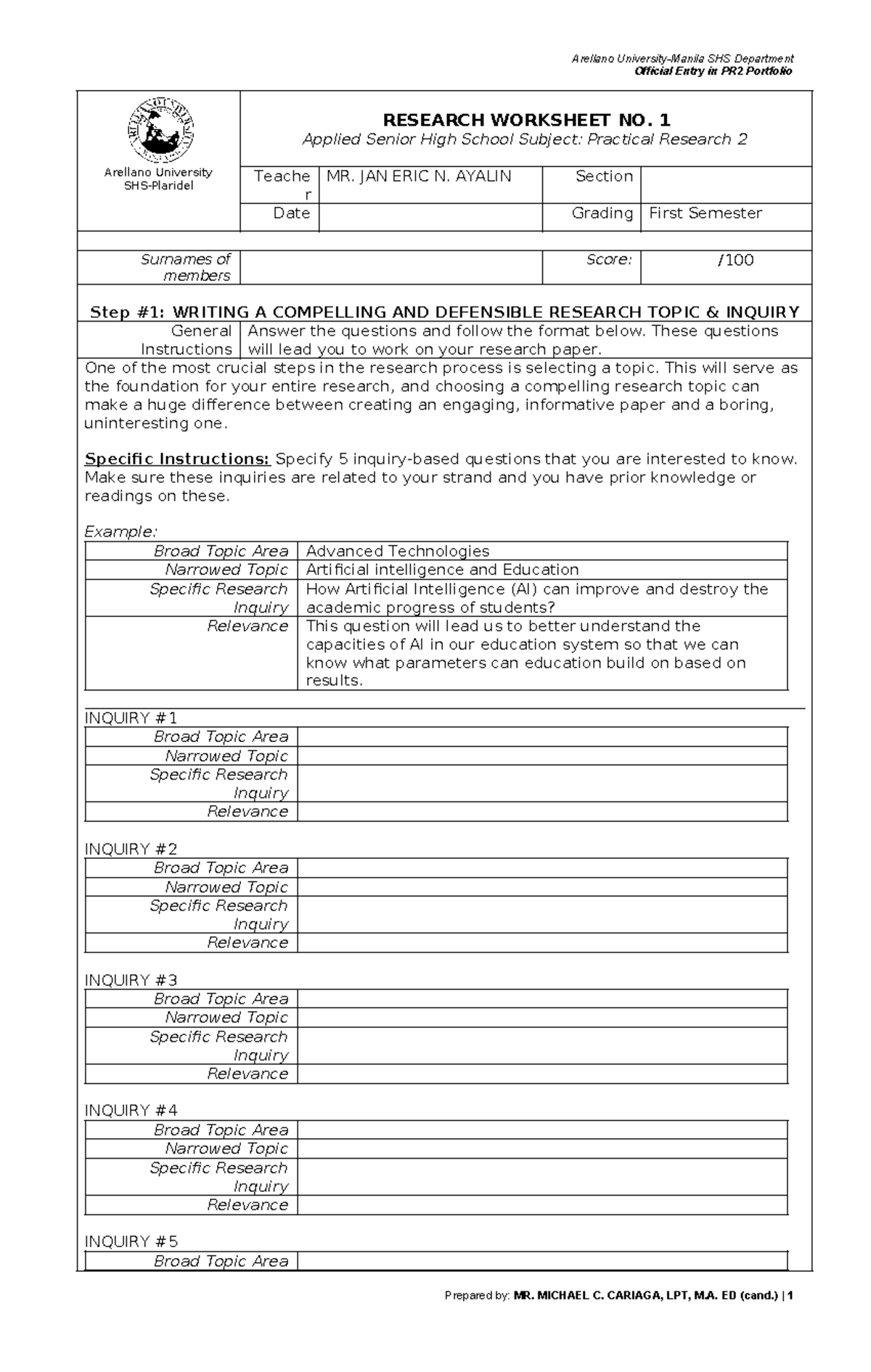 Research Worksheet No1 PR2 1st Quarter - Arellano University-Manila SHS ...