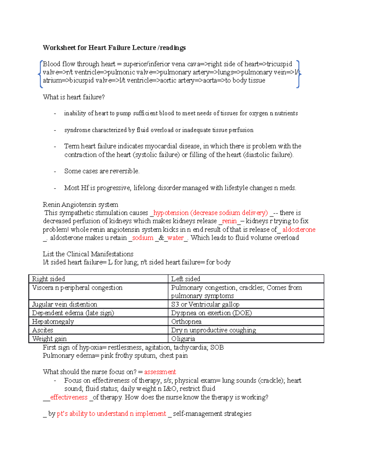Worksheet for Heart Failure Lecture - Some cases are reversible. Most ...