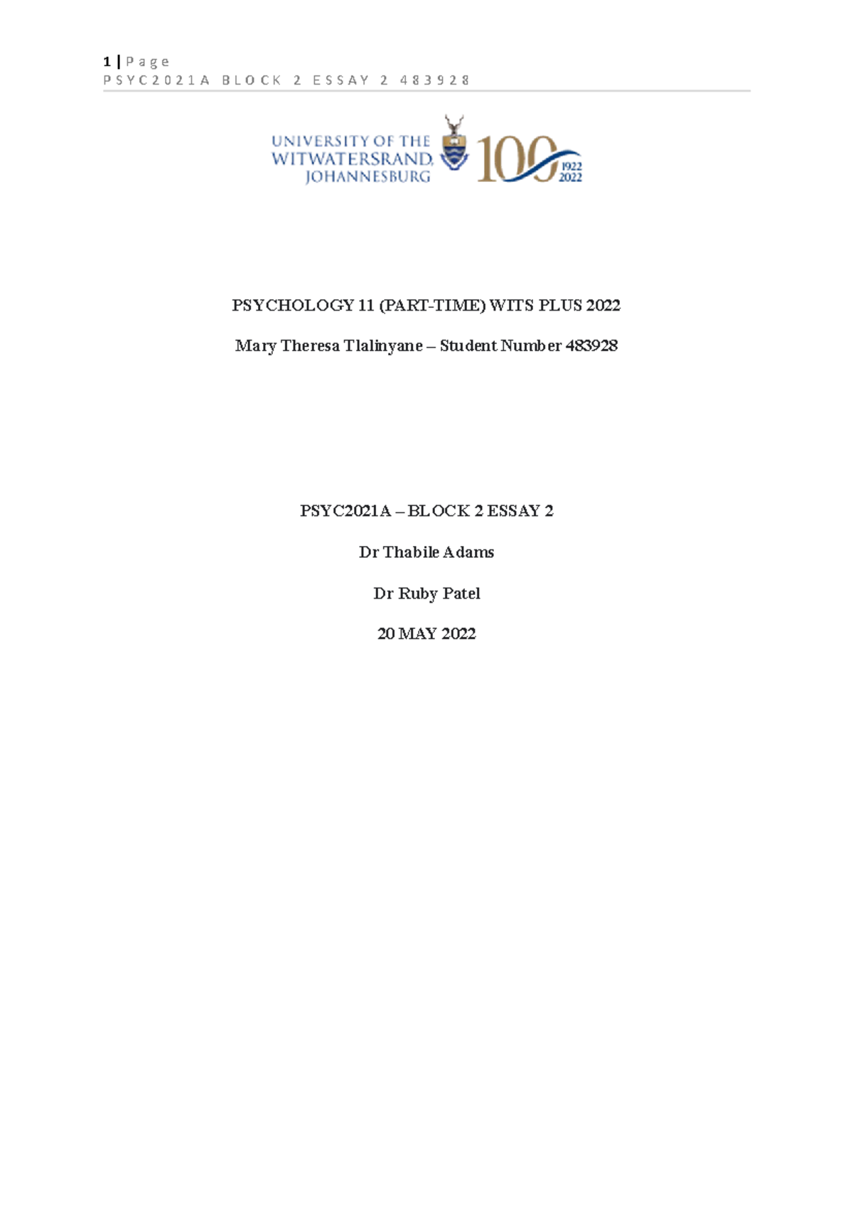 PSYC2021A Block 2 Essay 2 - 483928 - P S Y C 2 0 2 1 A B L O C K 2 E S ...