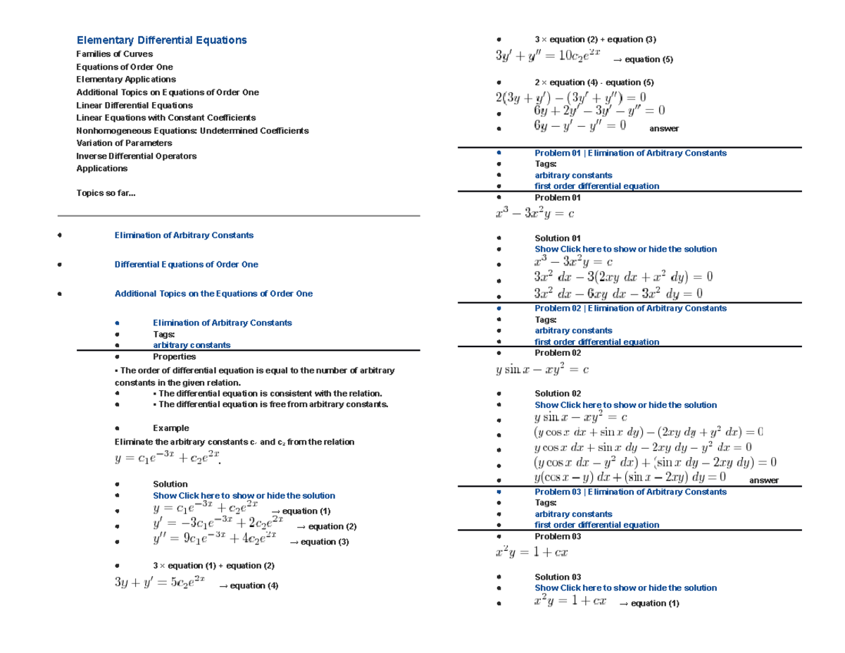 Diff. Equations - Calculus - Elementary Differential Equations Families ...