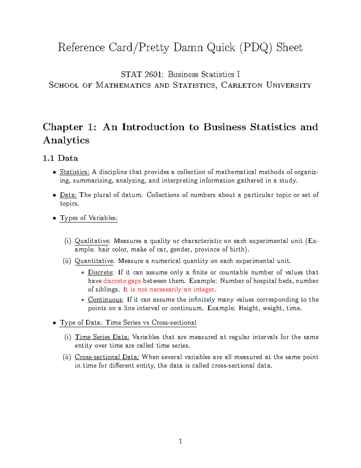 STAT2601 - Reference Card (PDQ Sheet) - Reference Card/Pretty Damn ...