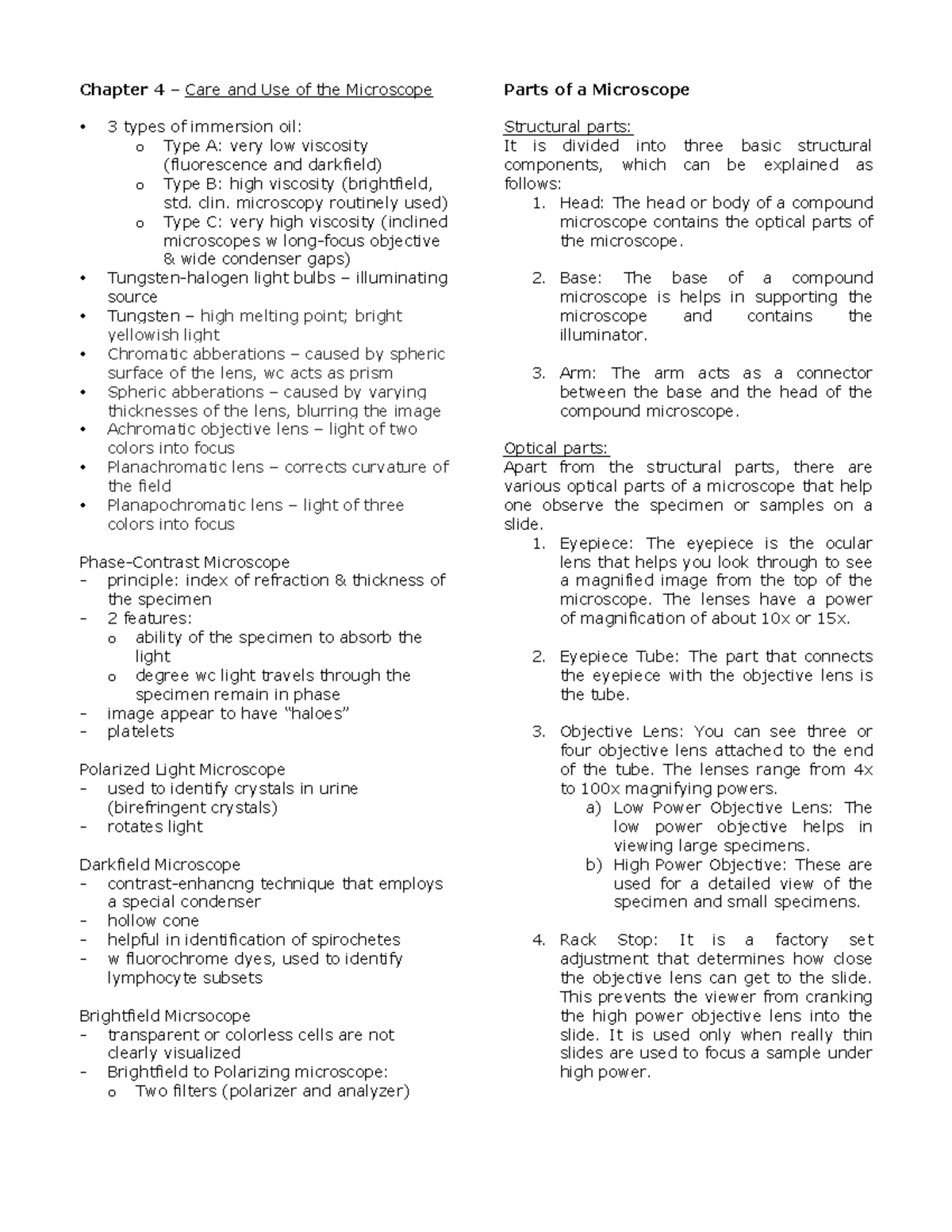 Chapter 4 – Care and Use of the Microscope - Chapter 4 – Care and Use ...
