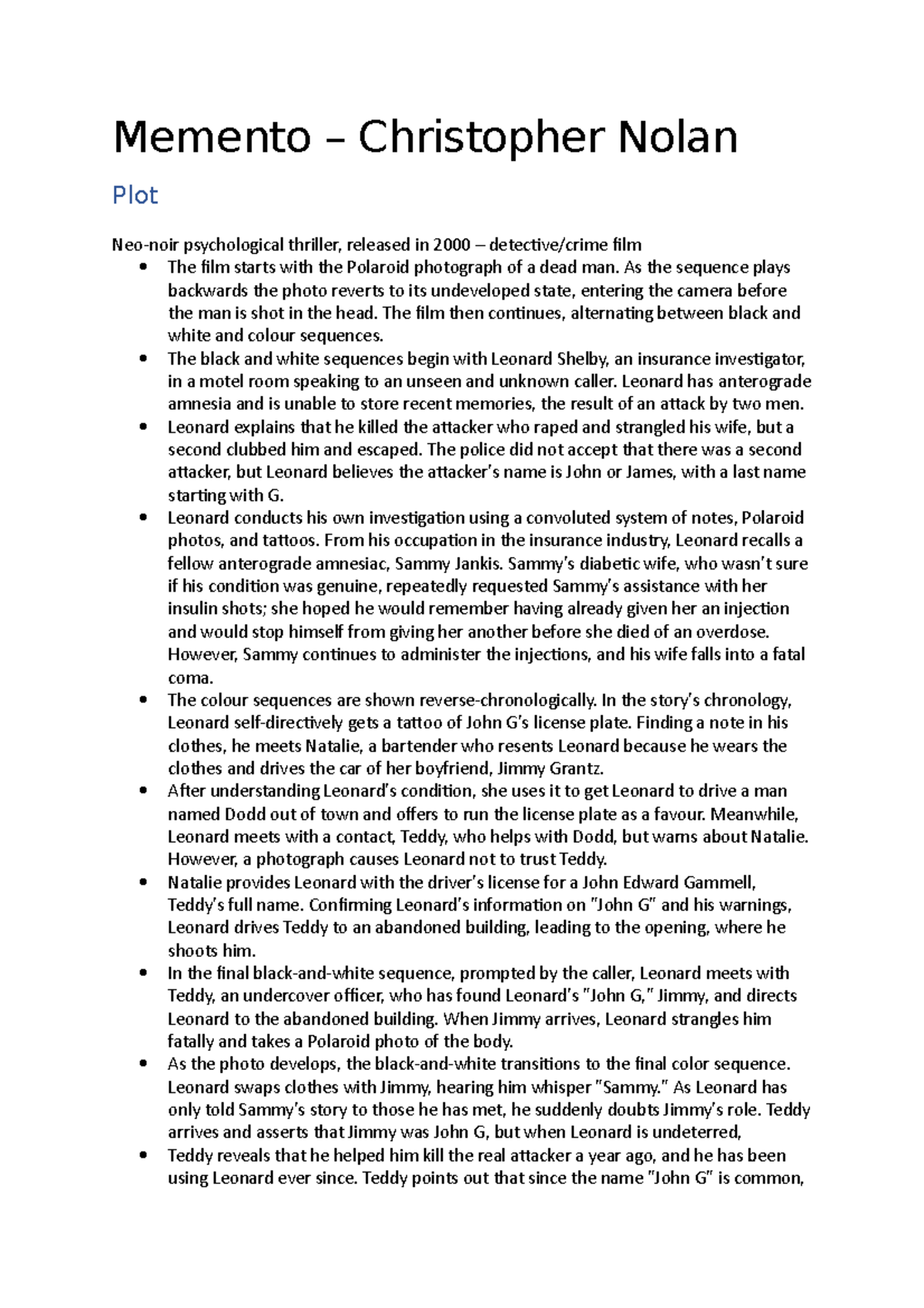 Memento – Christopher Nolan - Memento – Christopher Nolan Plot Neo-noir ...