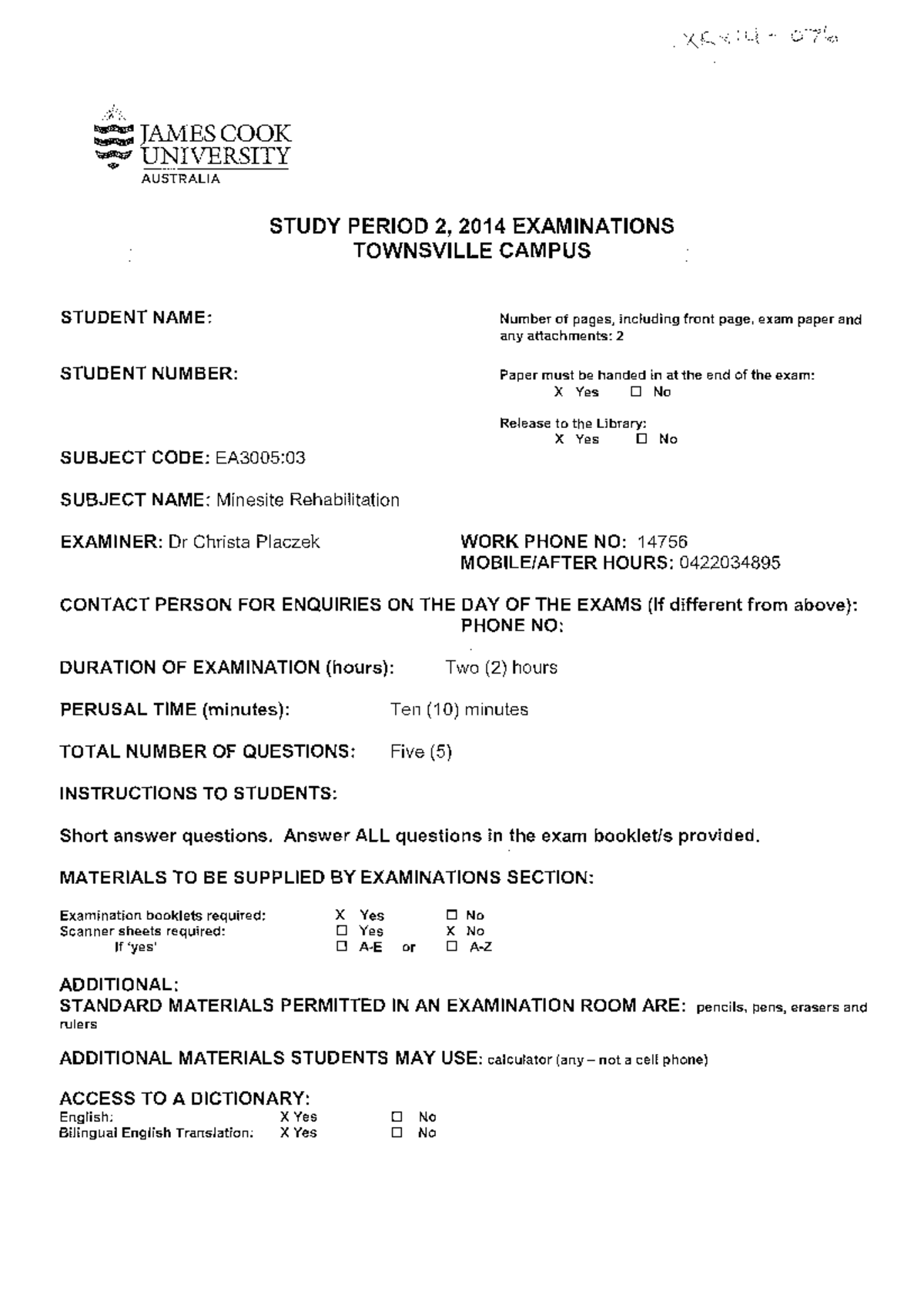 Exam 2014, questions - COOl( UNIVERSITY AUSTRALIA STUDY PERIOD 2, 2014 ...