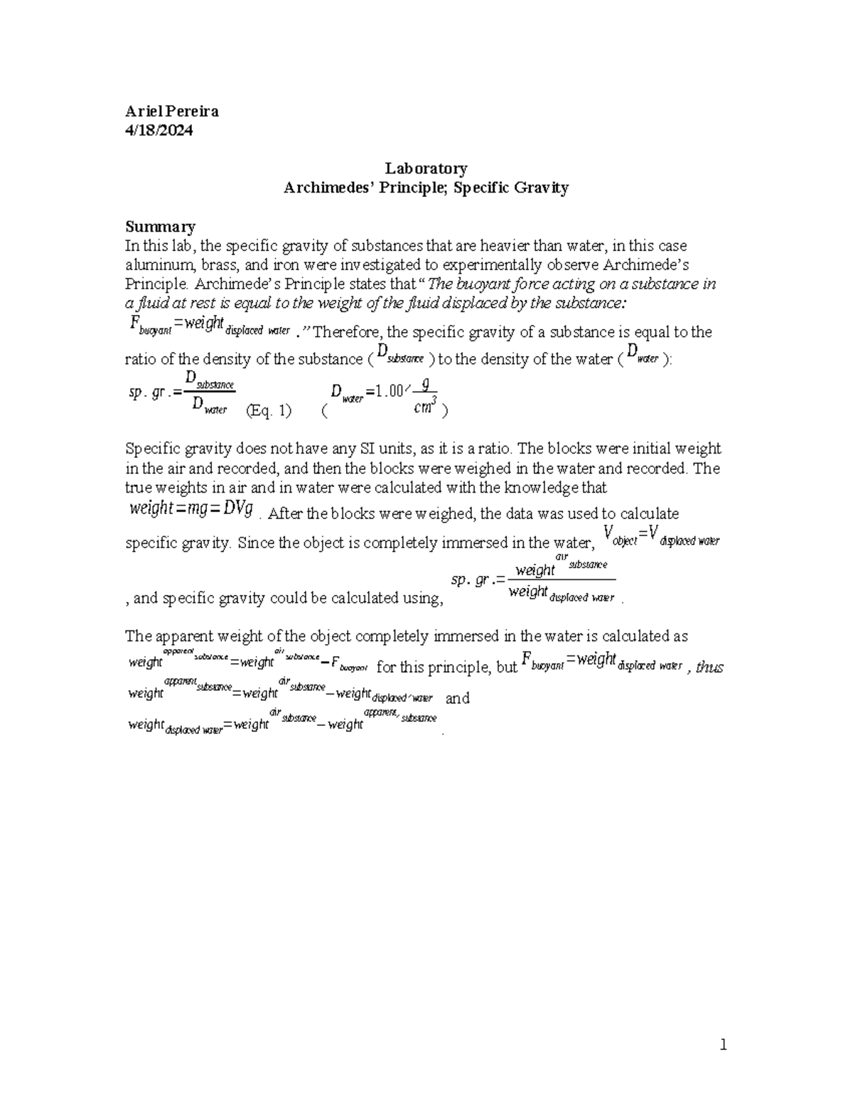 specific gravity lab - Ariel Pereira 4/18/ Laboratory Archimedes’ Principle; Specific Gravity ...