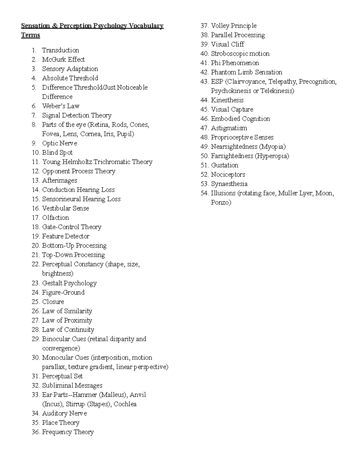 Sensation & Perception Terms - Sensation & Perception Psychology ...