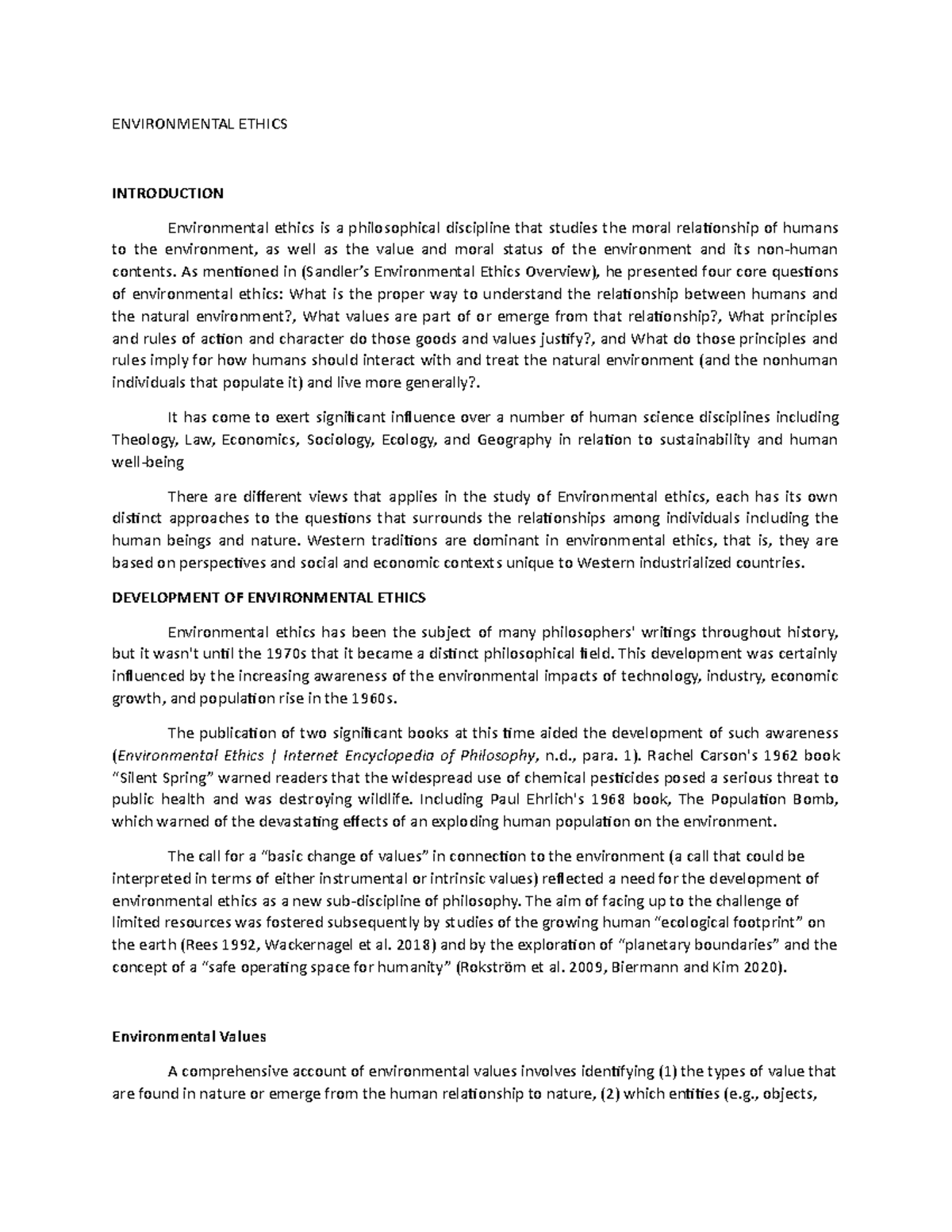 Environmental Ethics - lec notes. - ENVIRONMENTAL ETHICS INTRODUCTION ...