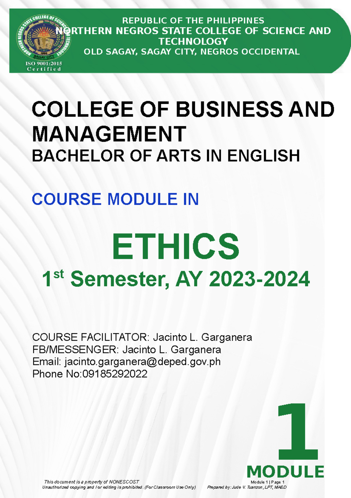 Ethics- Module-1 - ..... - This document is a property of NONESCOST ...