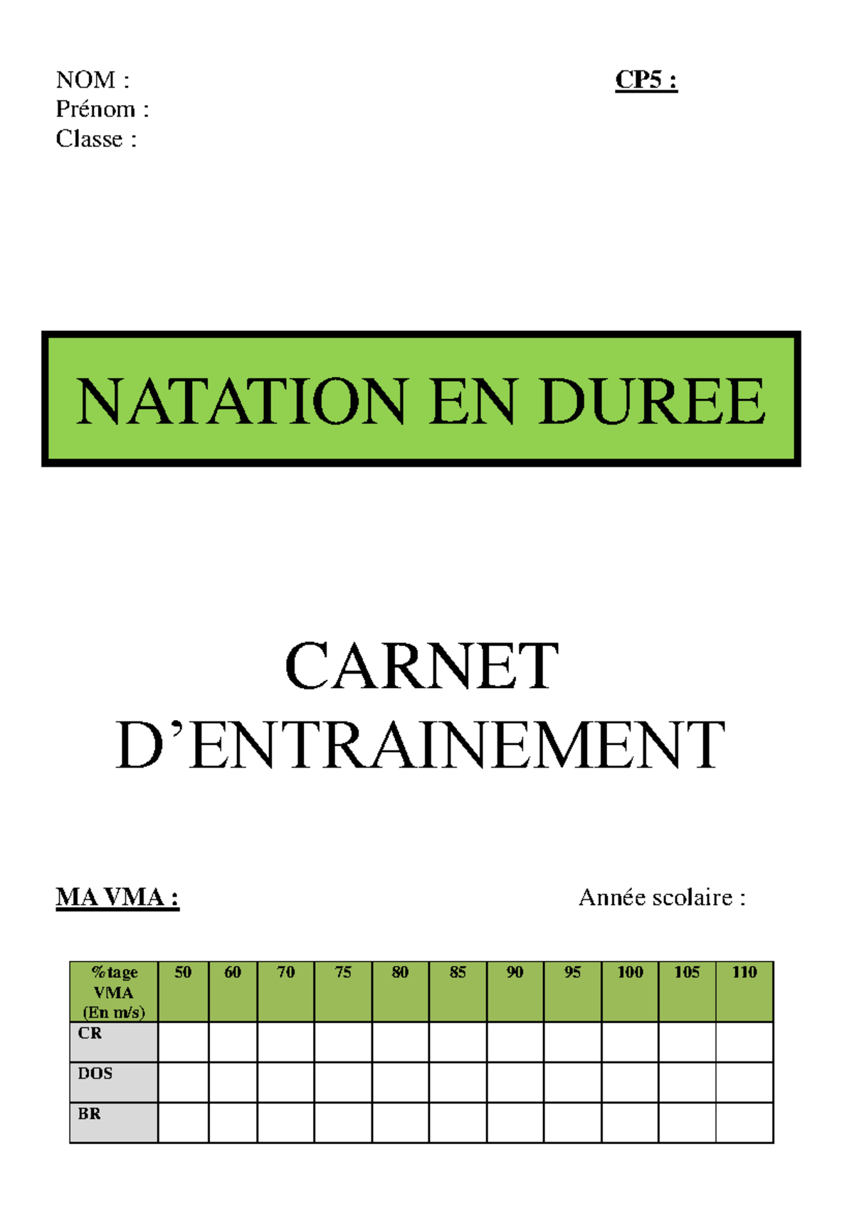 Stage Natation 2016 - Annexe 5 Duree Carnet d'entrainement N3 - NOM ...