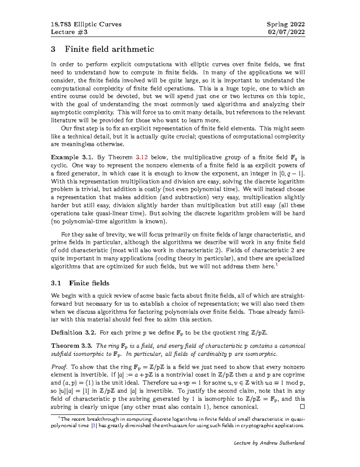 Finite Field Arythmetic 18 Elliptic Curves Lecture Spring 2022 0207 3 Finite Field