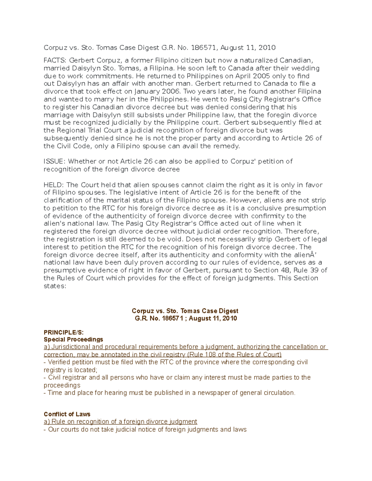 Corpuz v Sto. Thomas casedigest - Corpuz vs. Sto. Tomas Case Digest G ...