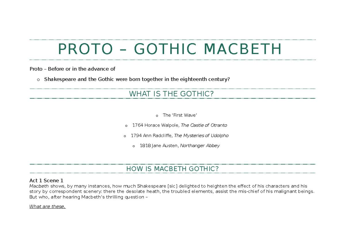 Critical Reading 1 - Lecture 4 Part 1 - PROTO – GOTHIC MACBETH Proto ...