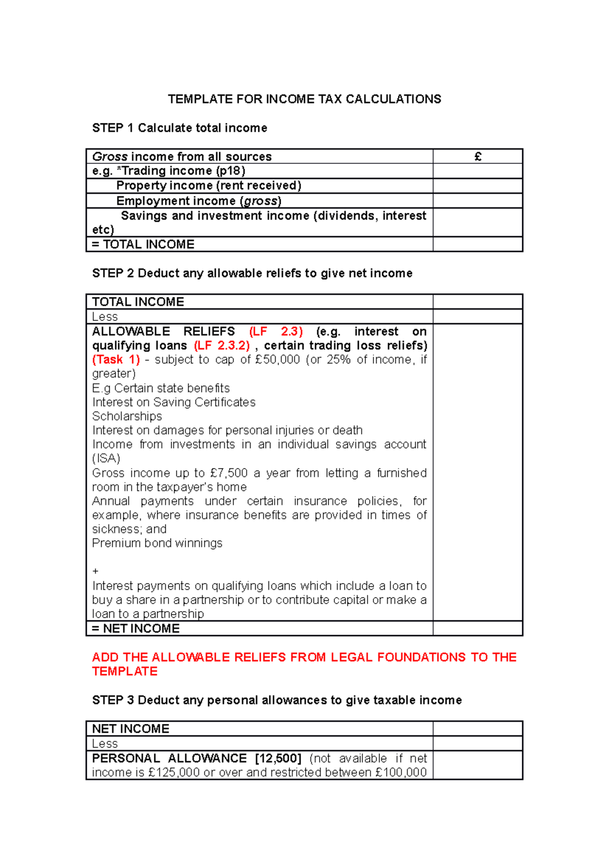 Template FOR Income TAX Calculations - TEMPLATE FOR INCOME TAX ...