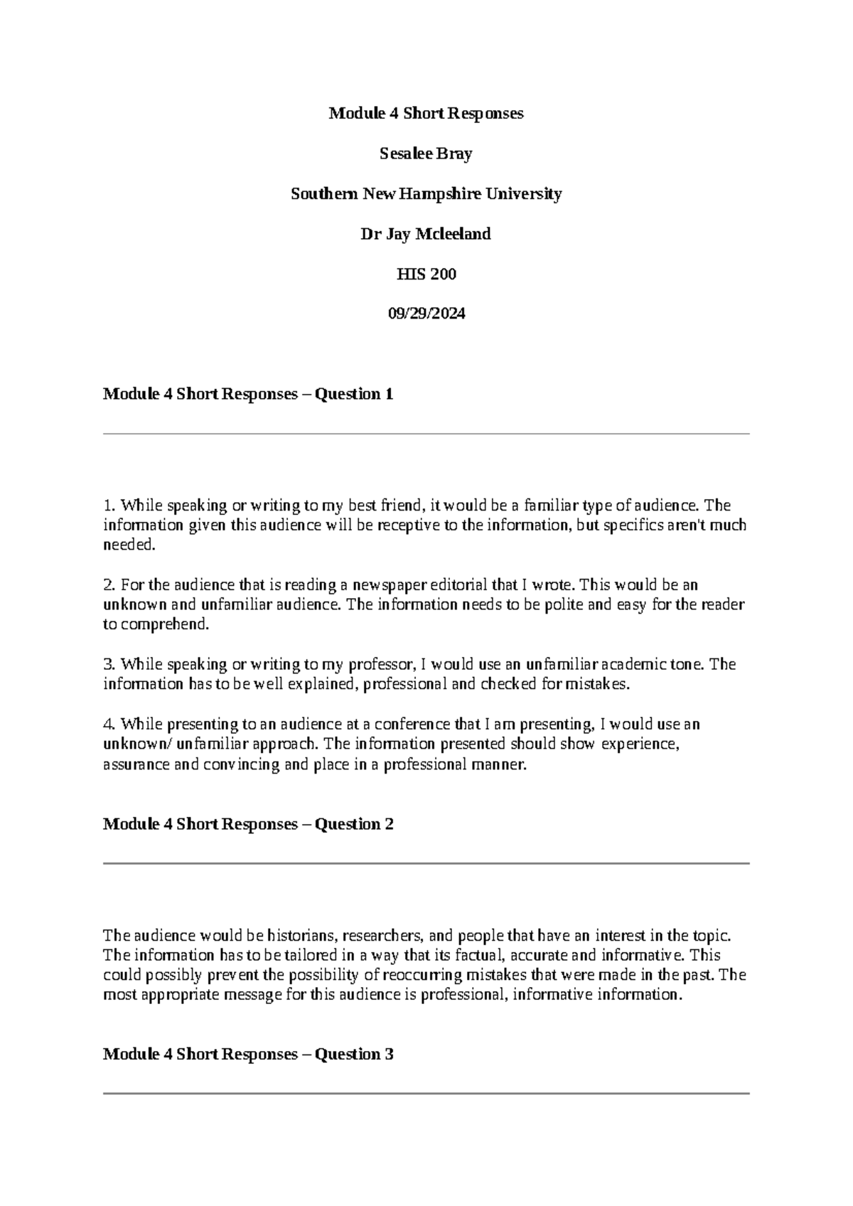 Sesalee Bray HIS 200 Module 4 Short Responses - Module 4 Short Responses Sesalee Bray Southern ...