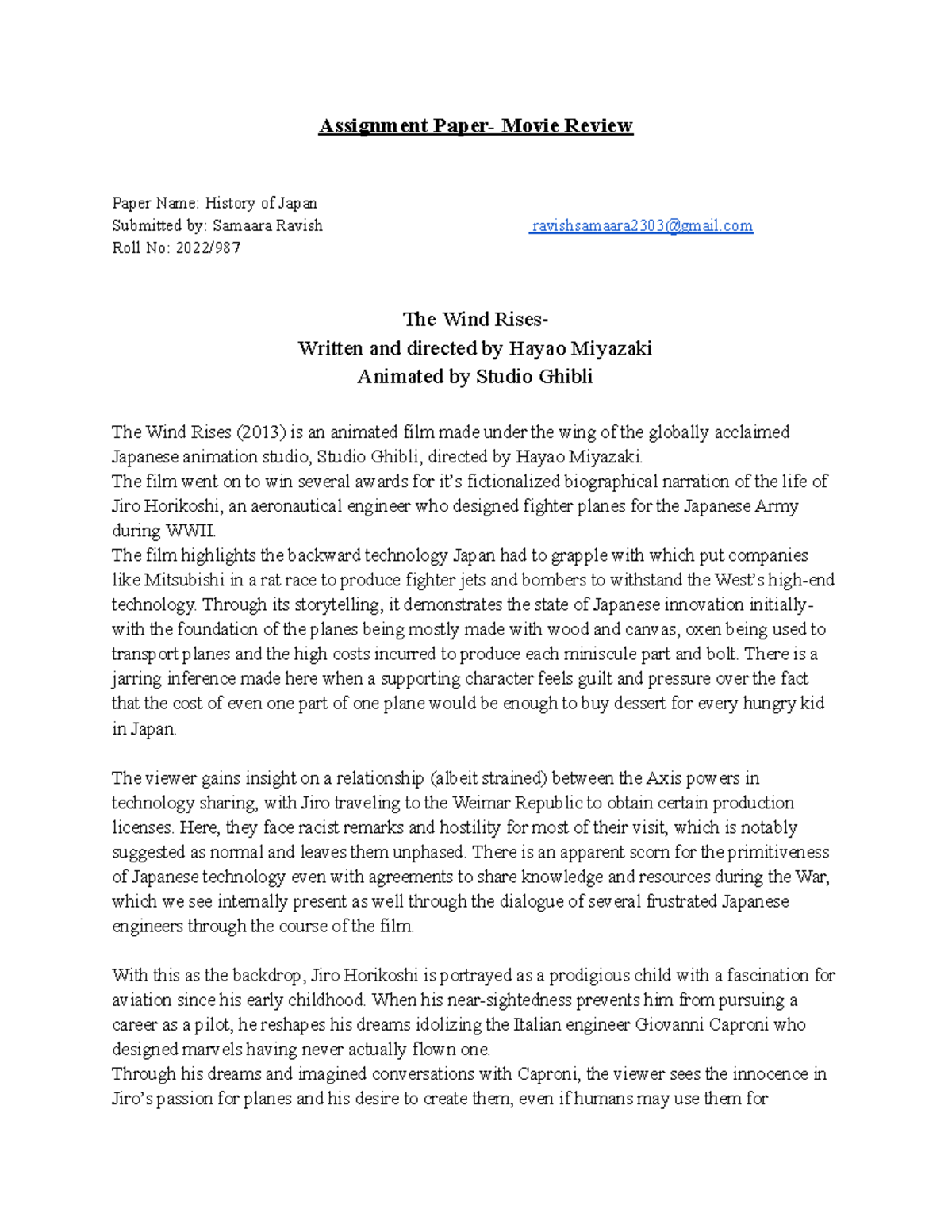 The Wind Rises - Summary History honours - Assignment Paper- Movie ...