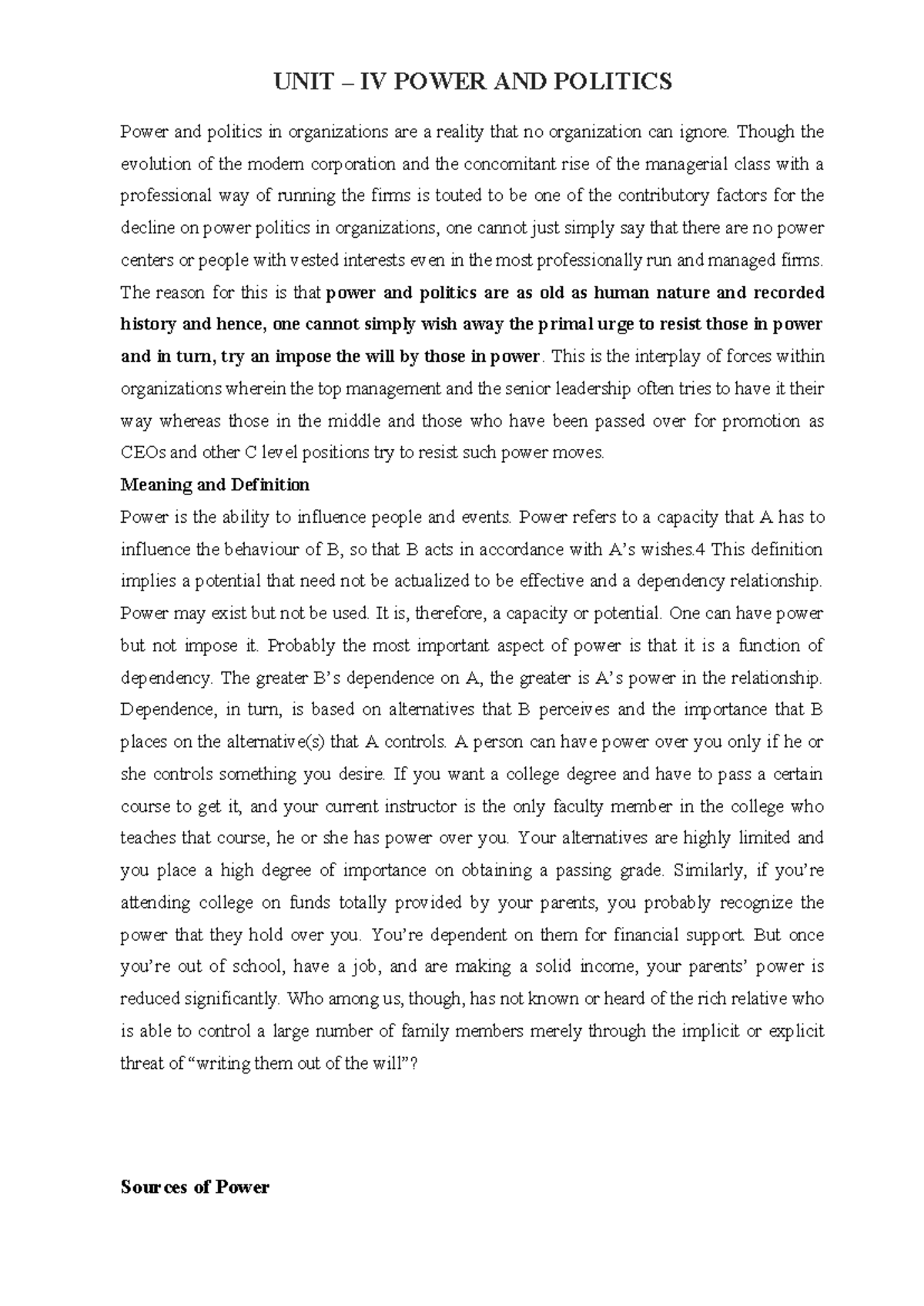 OB-UNIT-IV Power& Politics - UNIT – IV POWER AND POLITICS Power and ...