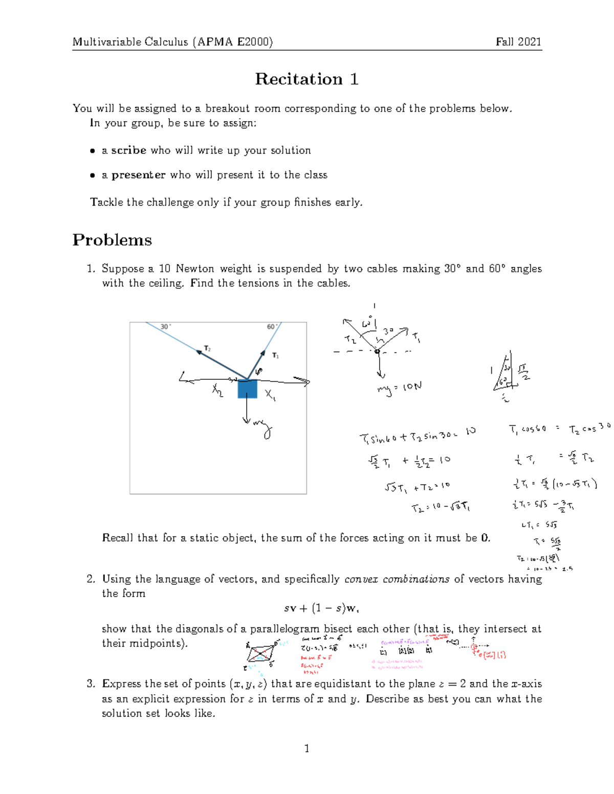 Recitation 1 Worksheet - Multivariable Calculus (APMA E2000) Fall 2021 ...