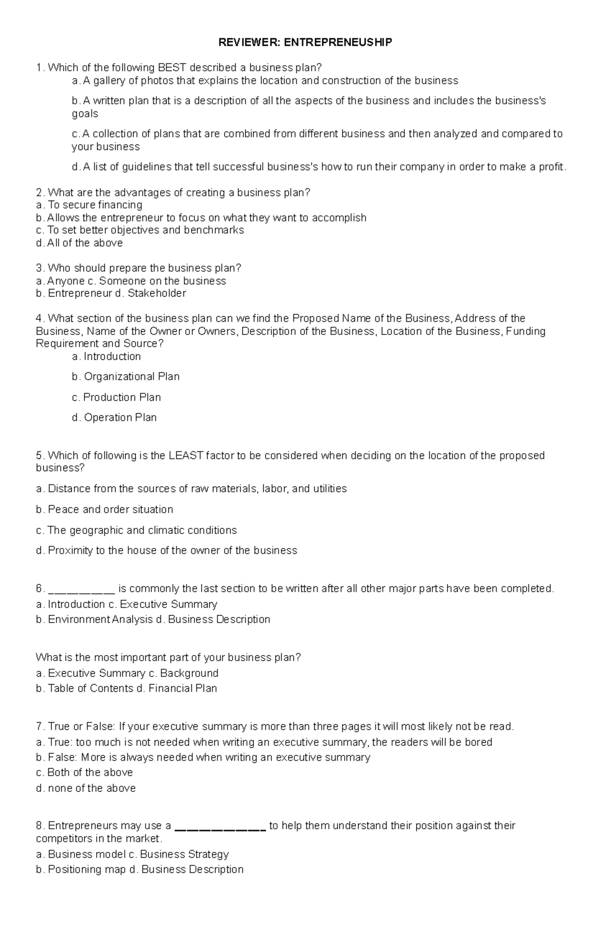 Reviewer-Entrep-Q3 - entrep - REVIEWER: ENTREPRENEUSHIP Which of the ...