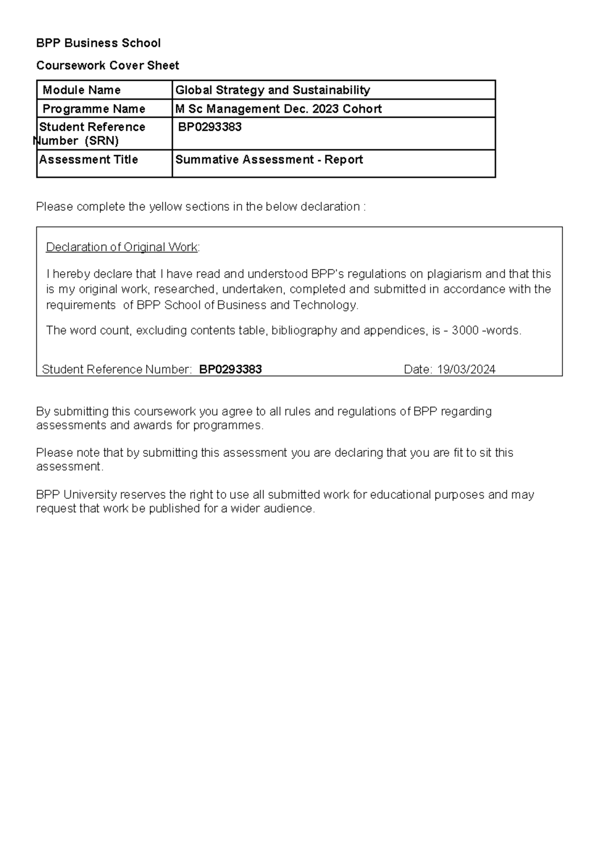 Global strategy and sustainability - BPP Business School Coursework Cover Sheet Module Name ...