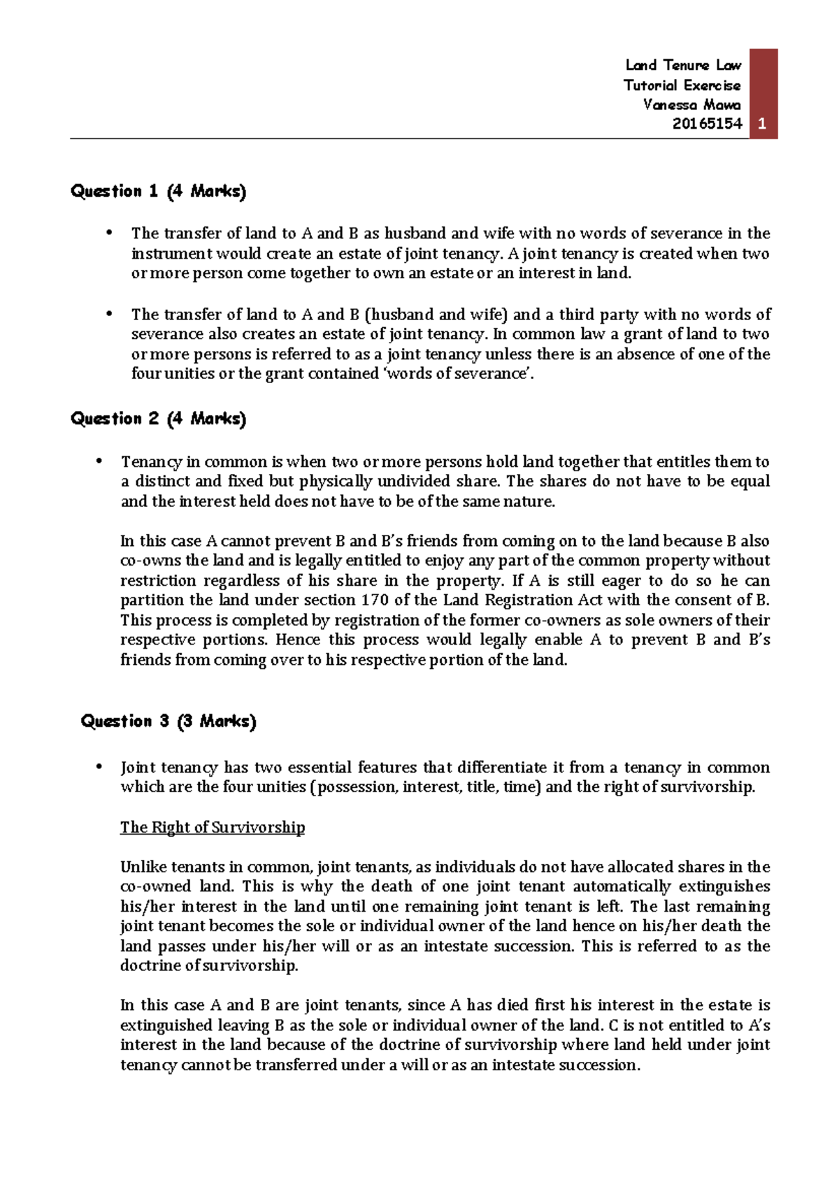 Land Tenure Law Tutorial Exercise - Land Tenure Law Tutorial Exercise ...