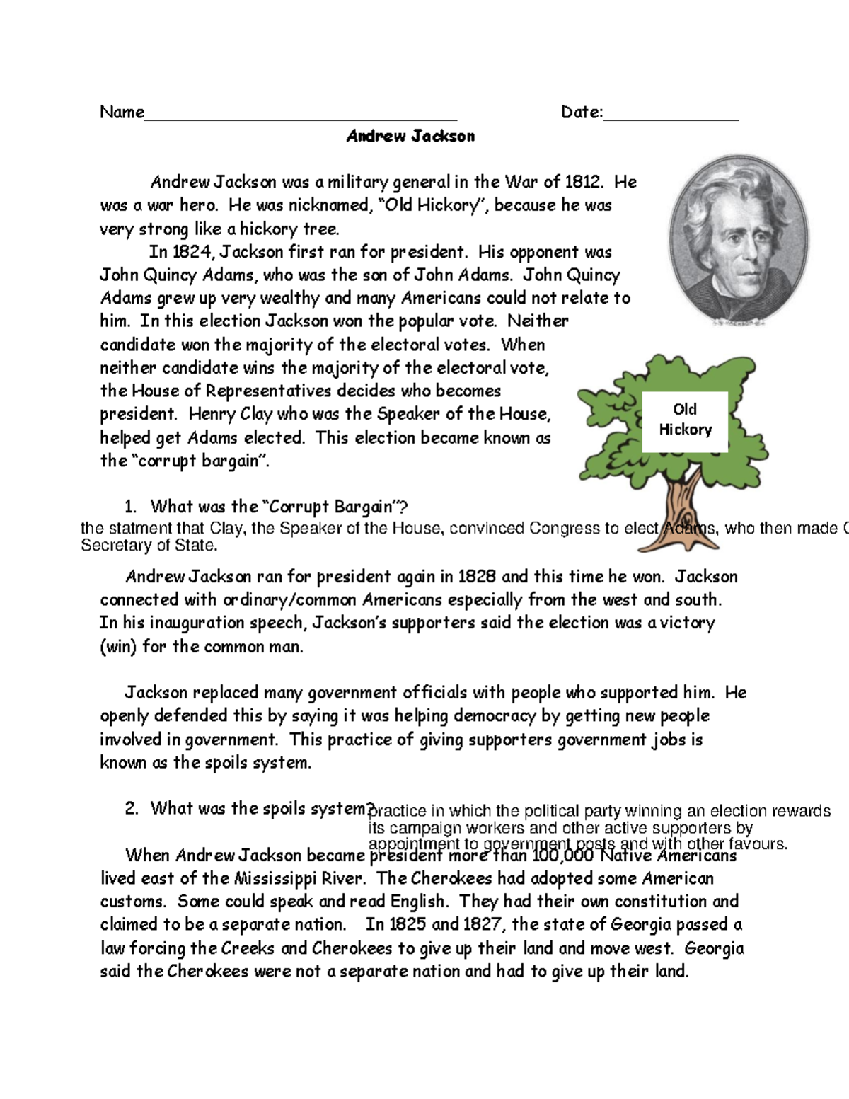 Landon Davis - Andrew Jackson Reading and Questions - Name